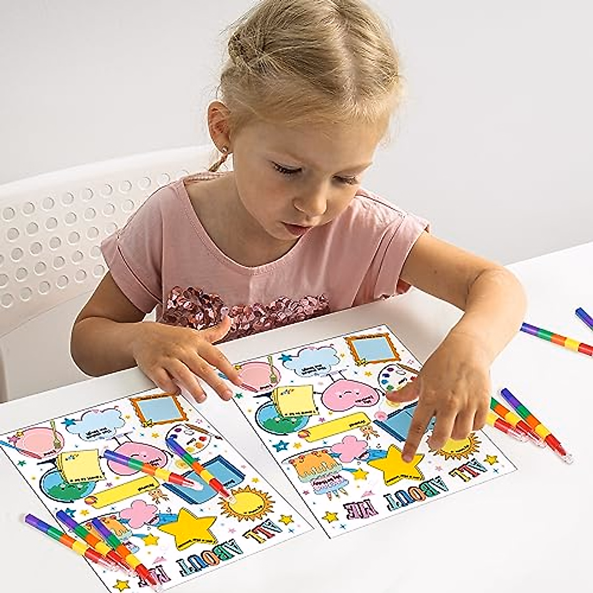 30 Pcs All About Me Coloring Posters Pack,Colorful Star Student Poster First Day of School Fill in Poster Ideas Project Chart for Preschool Elementary Kindergarten Craft Classroom Activities Supply (Colorful)