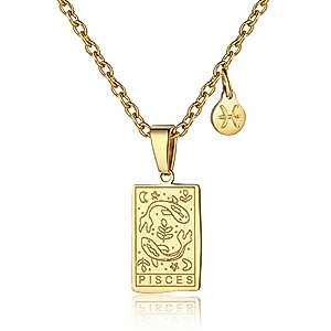 Zodiac Sign Necklace for Women Constellation Tarot Card Pendant Double Sided Gold Stainless Steel Waterproof NonTarnish Friendship Jewelry Gift（Pisces）