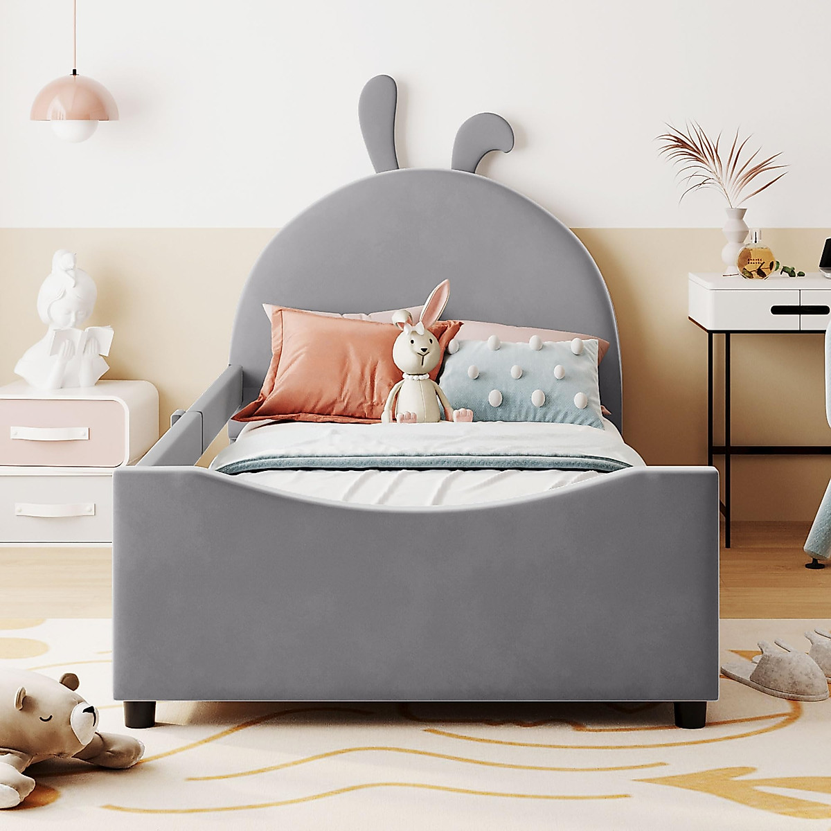 FANYHOME Twin Size Upholstered Daybed with Rabbit Ear Shaped Headboard, Modern Low Profile Bed with Sturdy Wooden Slats Support, Wooden Daybed Frame for Kids Boys Girls, No Box Spring Needed,Gray
