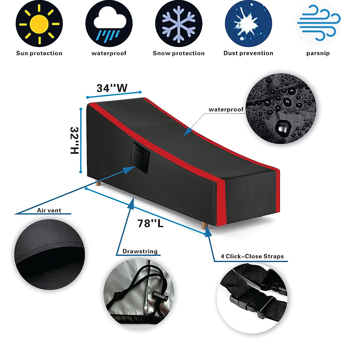 Chaise Lounge Covers Outdoor Waterproof, 600D Heavy Duty Patio Furniture Cover, Pool Lounge Chair Cover Fits up to 78L x 34W x 32H inches-2 Pack