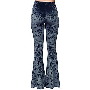 Daisy Del Sol Crushed Velvet High Waisted Comfy Soft Stretch 70s Yoga Loungewear Bell Bottom Flare Pants (Large, Indigo)