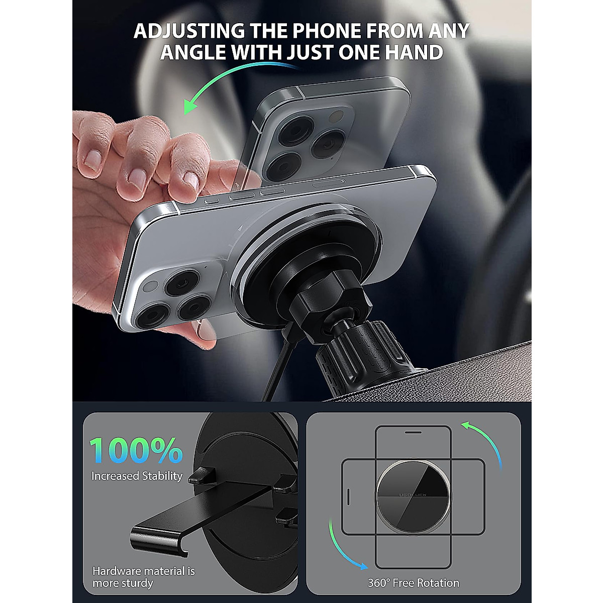 UGDLUCK for Magsafe Car Mount Charger, 15W Magnetic Wireless Car Charger with 8 RGB LED Backlit Magnetic Car Phone Holder Mount for iPhone 15 14 13 12