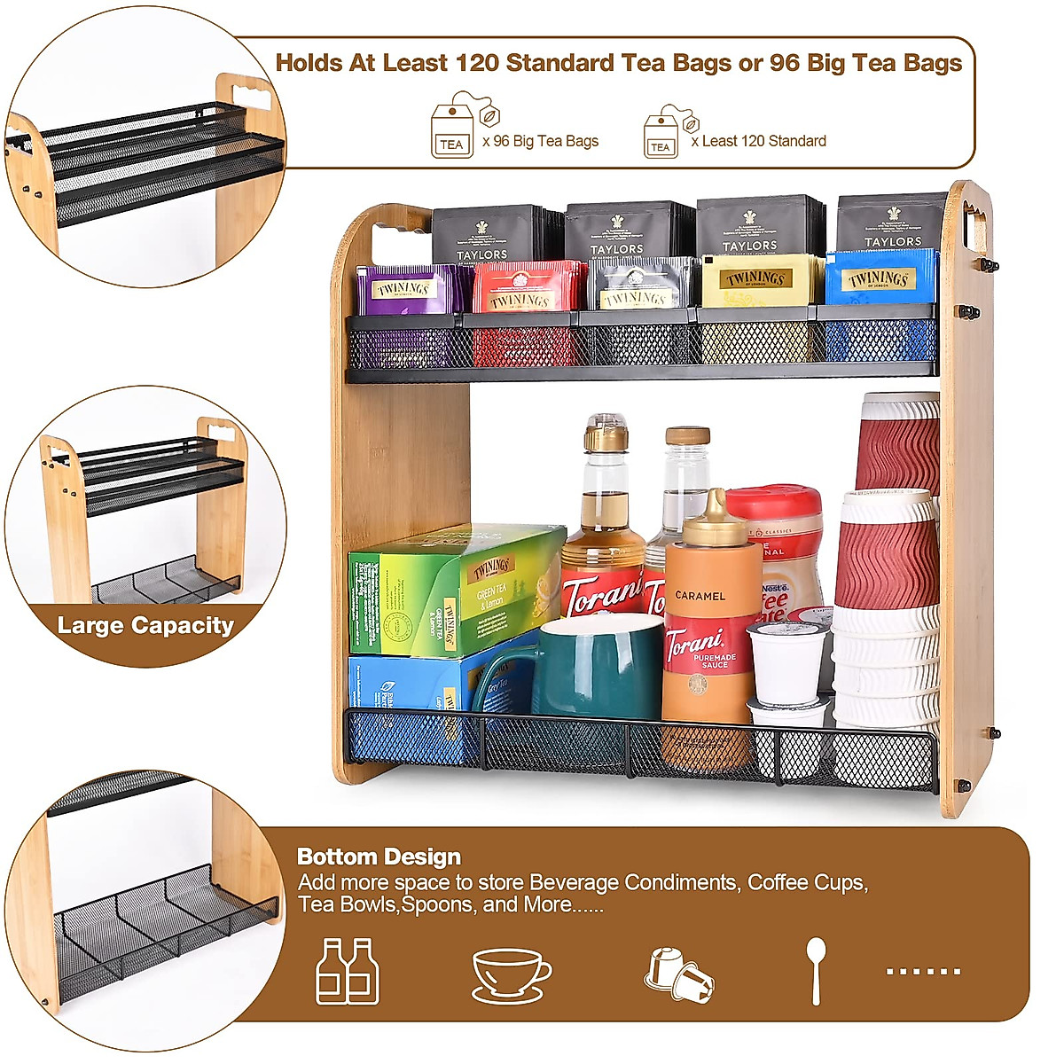 ITHSKUILL Tea Bag Organizer, Large Capacity Tea Organizer for Tea Bags, Bamboo Multi-functional Storage Coffee Bar Accessories for Home Office Kitchen Counter Cabinet Pantry Organizer