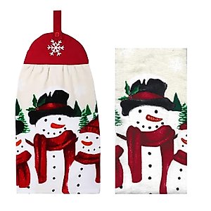 St. Nicholas Square Christmas Kitchen Print Towels, Set of 2, One Hanging Tie-Top with Button Loop Cotton Terry Towel Snowman Family for and Household Red, Black, Beige, Green, Orange 16 x 25 inches