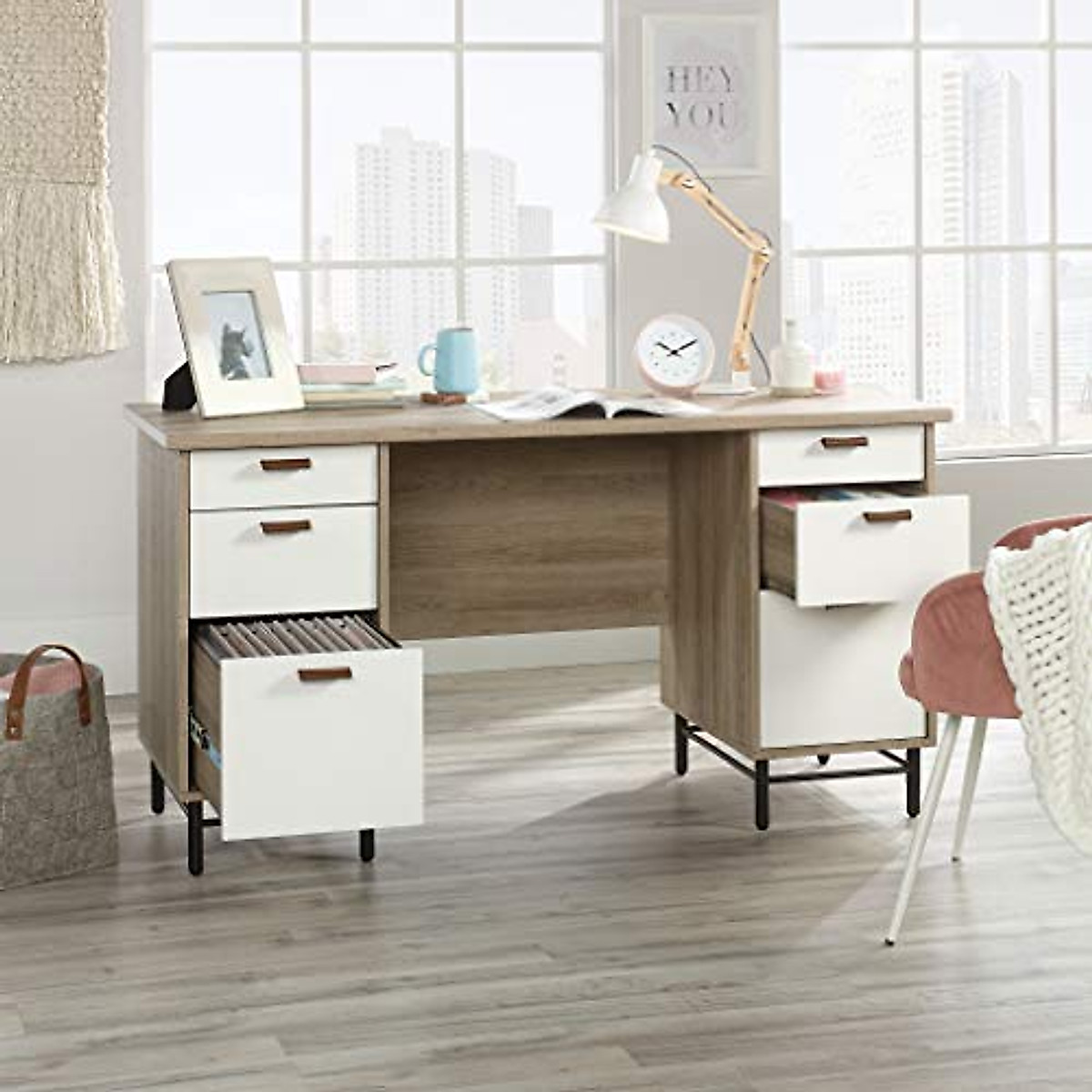 Sauder Anda Norr Executive Desk, L: 56.3" x W: 22.13" x H: 29.53", Sky Oak Finish