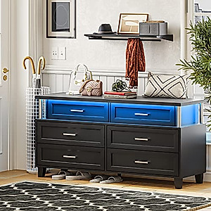 VIAGDO Dresser for Bedroom, 6 Drawer Dresser with LED Light, Modern Chest of Drawers, Wood Black Dresser for Living Room, Entryway and Hallway