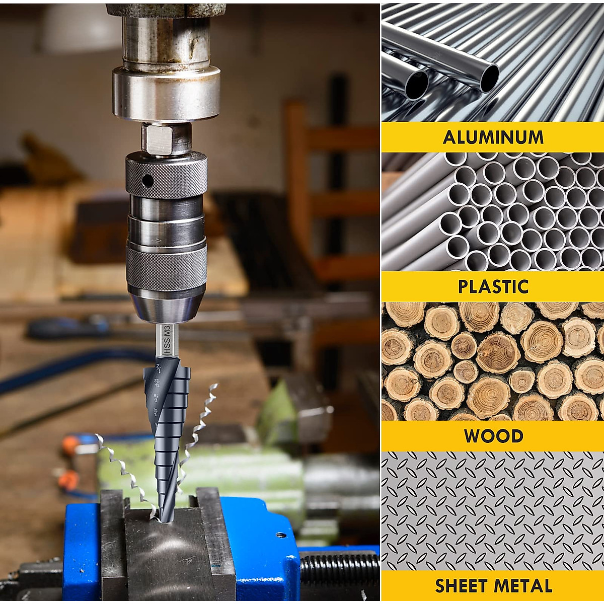 MACXCOIP Upgrade M35 Cobalt Step Drill Bit with Ultra TiAIN Coating, 1/8"-7/8" (3PCS) Unibit Step Bit with Double Sprial Flute, 1/4" Hex Shank for Metal, Stainless Steel, Aluminum, Copper, Wood