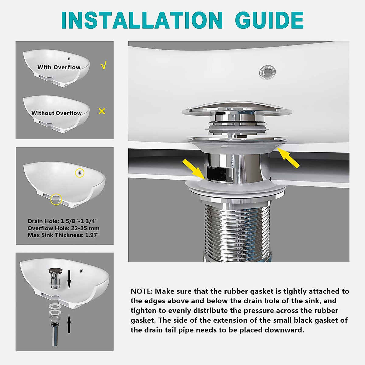 BESTILL Bathroom Vessel Sink Drain Stopper, Push Pop Up Drain with Overflow, Matte Black