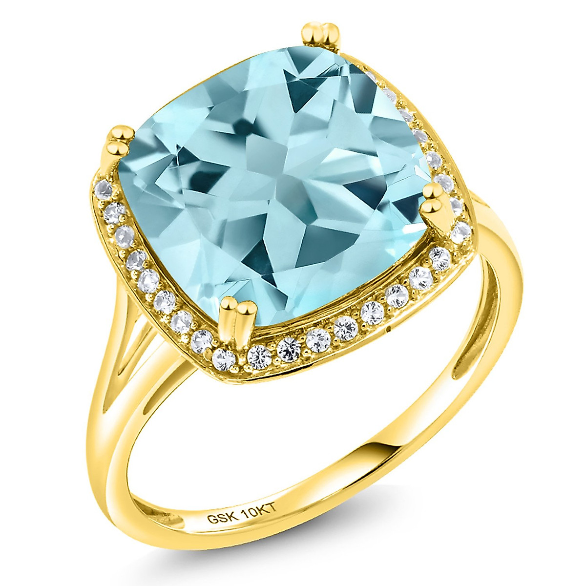 Gem Stone King 10K Yellow Gold Sky Blue Topaz and White Created Sapphire Ring For Women (8.54 Cttw, Cushion 12MM, Gemstone Birthstone, Available In Size 5, 6, 7, 8, 9)