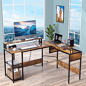 Computer Desk with Power Outlet and Lift Top, 55" L Shaped Gaming Desk, DORPU Corner Desk with Monitor Shelf and USB Port, L Shape Standing Desk Adjustable Sit to Stand Desk with Shelves, Rustic Brown