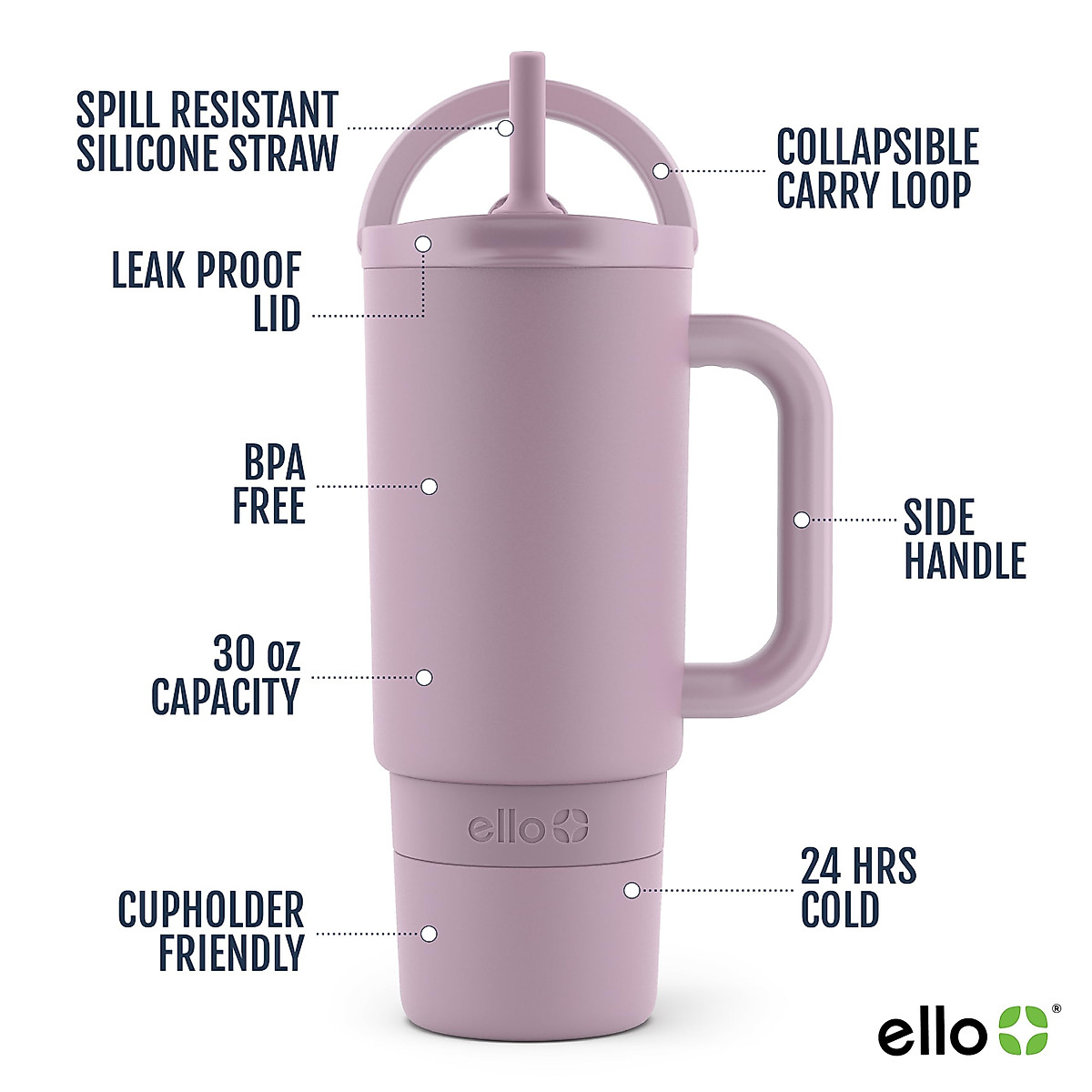 Ello Port 30oz Tumbler with Carry Loop & Integrated Handle | Vacuum Insulated Stainless Steel Reusable Water Bottle Travel Mug | Leak Proof Lid | Flexible Straw | BPA-Free | Dishwasher Safe | Mauve