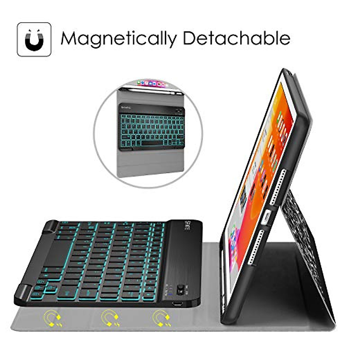 Fintie Keyboard Case for iPad 9th / 8th / 7th Generation (2021/2020/2019) 10.2 Inch, Soft TPU Back Cover with Magnetically Detachable Bluetooth Keyboard & Pencil Holder, 7 Color Backlight, Composition