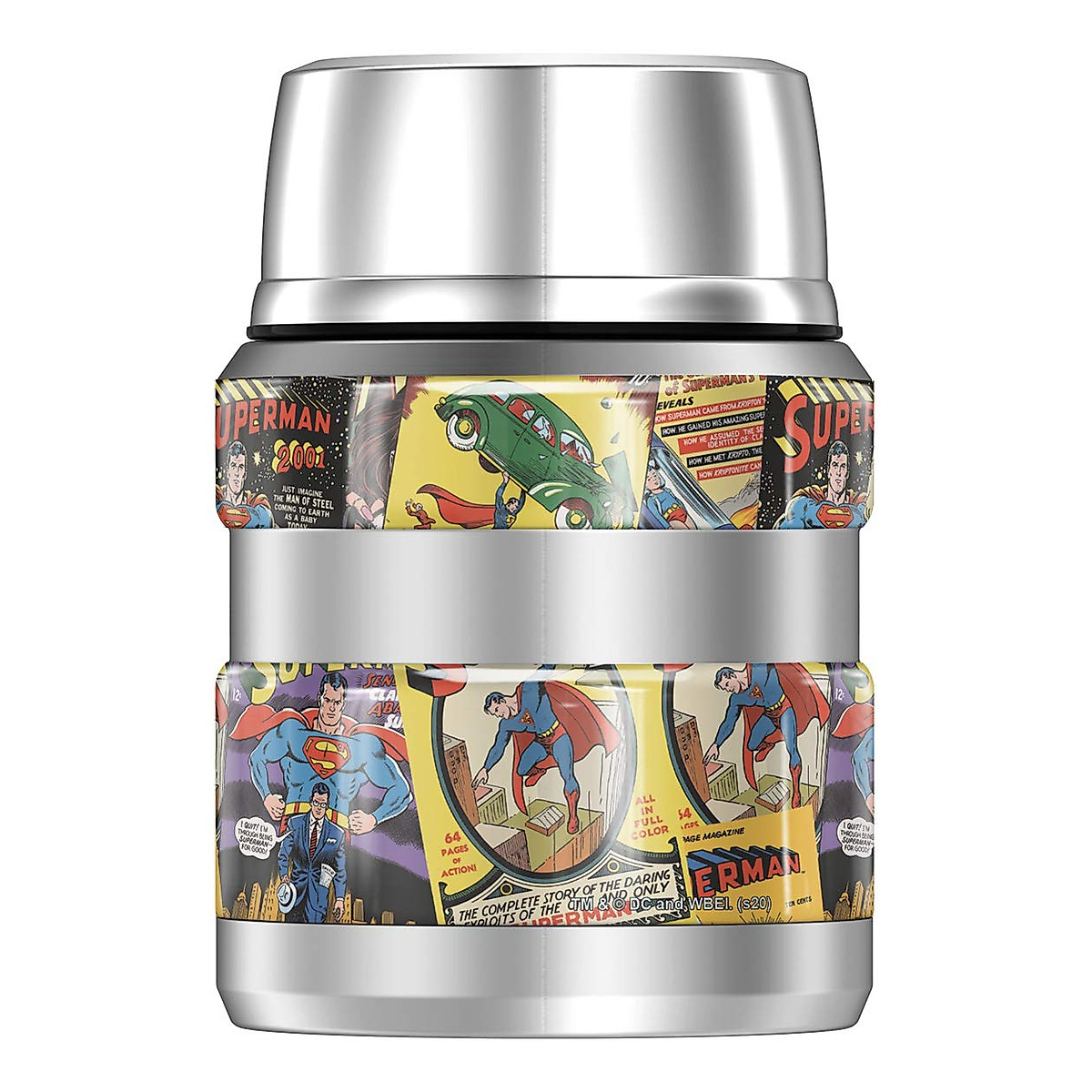 THERMOS Superman Comic Covers, STAINLESS KING Stainless Steel Food Jar with Folding Spoon, Vacuum insulated & Double Wall, 16oz