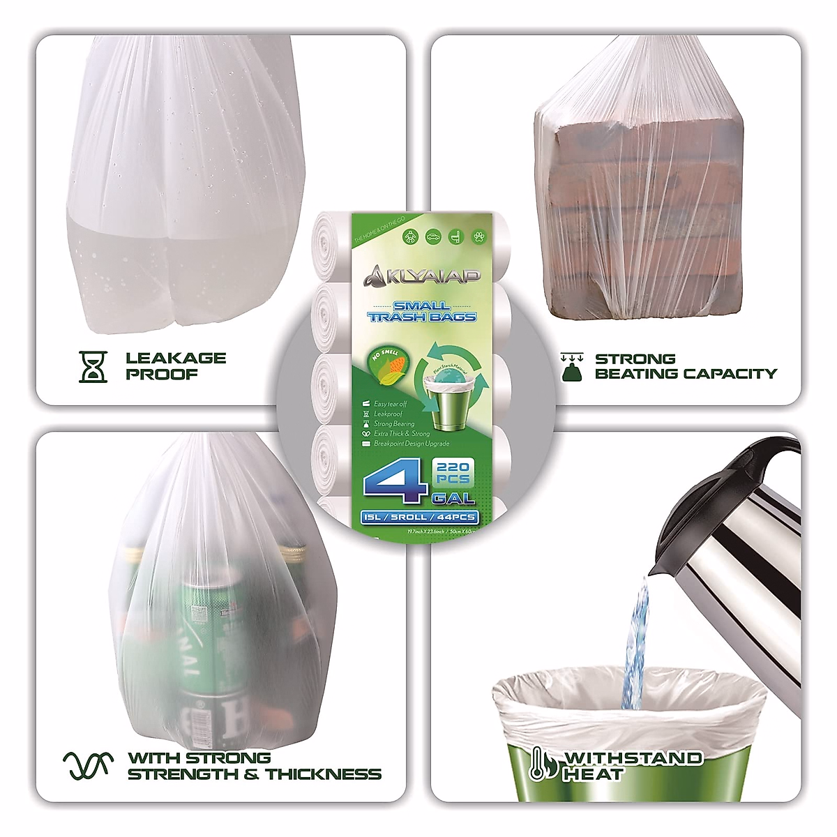 220 Counts Aklyaiap 4 Gallon Trash Bag,Tear & Leak Resistant Bathroom Garbage Bags 4 gallon,White &Unscented Bathroom Trash Bags，Biodegradable Trash Bags Small Trash Can Bags for Home & Kitchen，5Rolls
