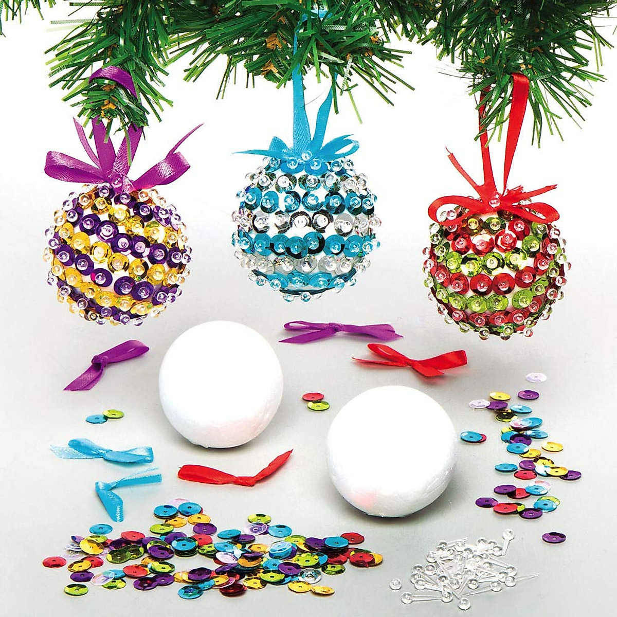 Baker Ross AX530 Sequin Tree Ornament Kits for Kids - Pack of 3, Christmas Tree Ornaments for Creative Art and Craft Supplies, to Make and Decorate.