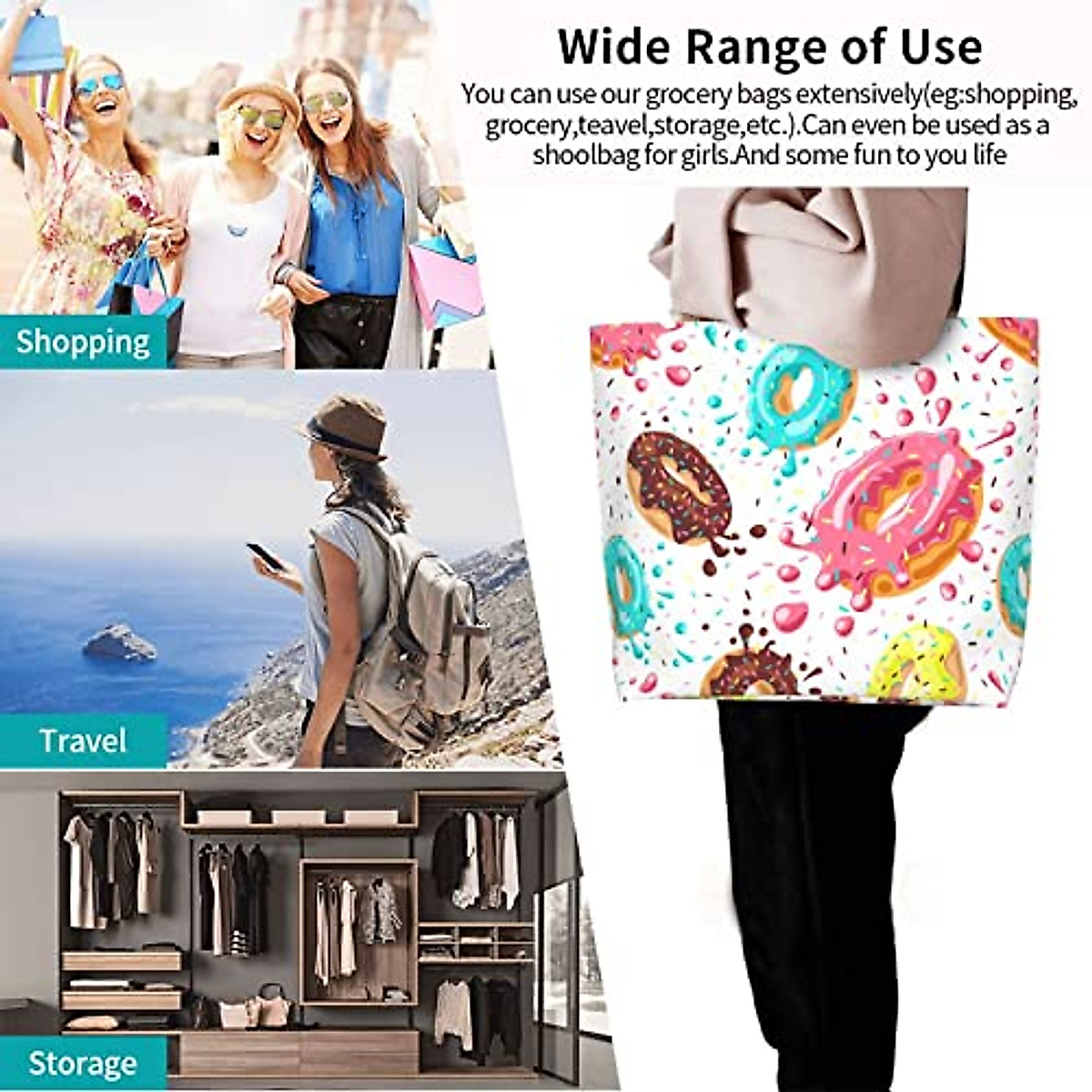 Donut Print Tote Bag Shoulder Bag for Women 19.7x15.7Inch