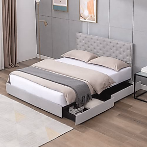 Mjkoen Bed Frame with Storage, Tufted Bed Frame with 4 Storage Drawers,King Size Upholstered Bed Frame with Adjustable Headboard for Bedroom Light Grey
