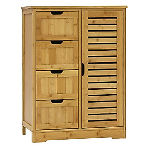 MUPATER Small Storage Cabinet Bamboo with 4 Drawers and 1 Cupboard, Freestanding Compact Floor Cabinet Bamboo for Entryway and Bathroom, Natural