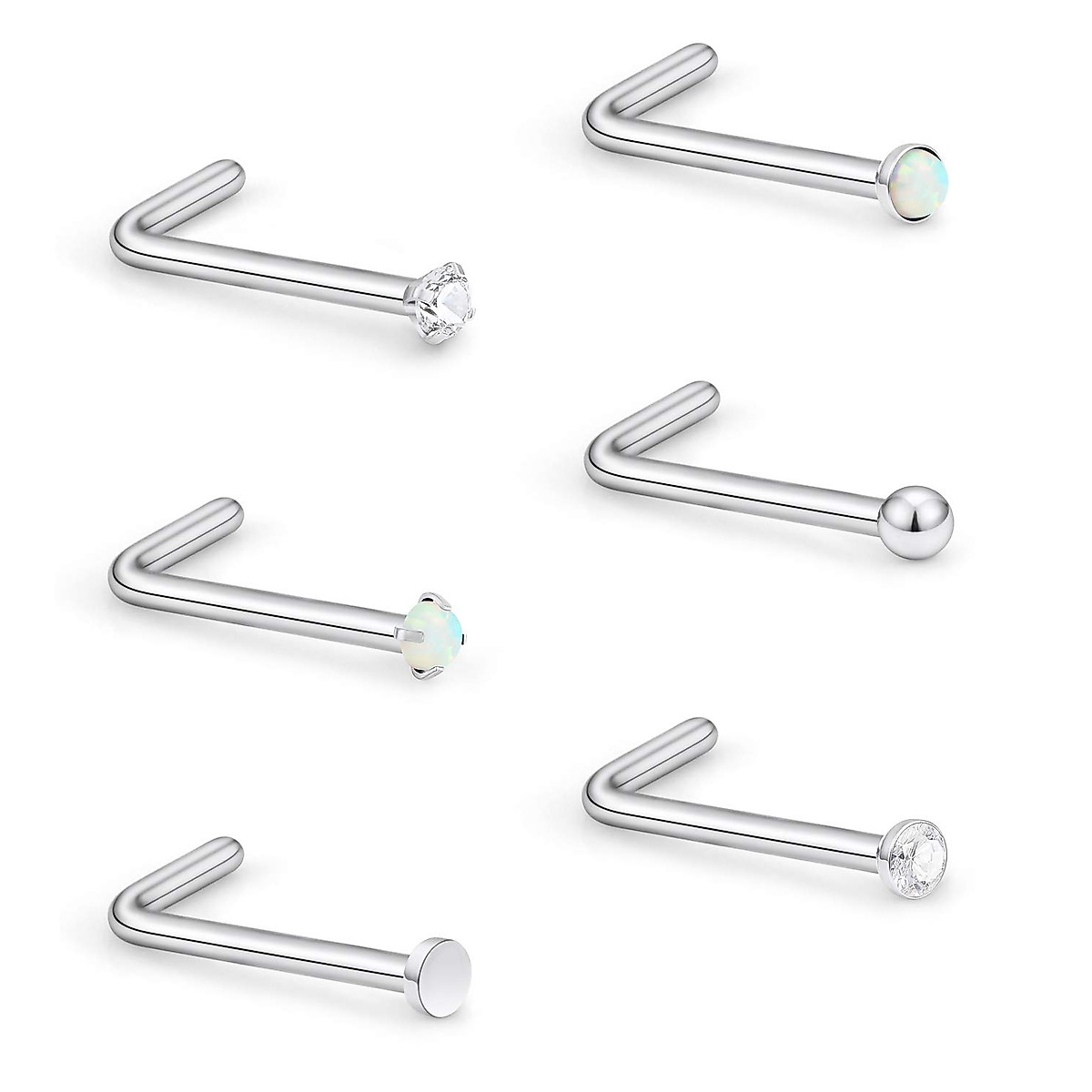 Lcolyoli 22G Stainless Steel Nose Rings L Shaped Stud Piercing Jewelry for Women 1.5mm CZ Opal Ball Inlaid