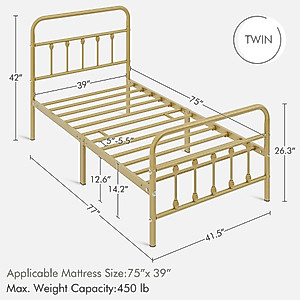 Yaheetech Classic Metal Platform Bed Frame Mattress Foundation with Victorian Style Iron-Art Headboard/Footboard/Under Bed Storage/No Box Spring Needed/Twin Size Antique Gold