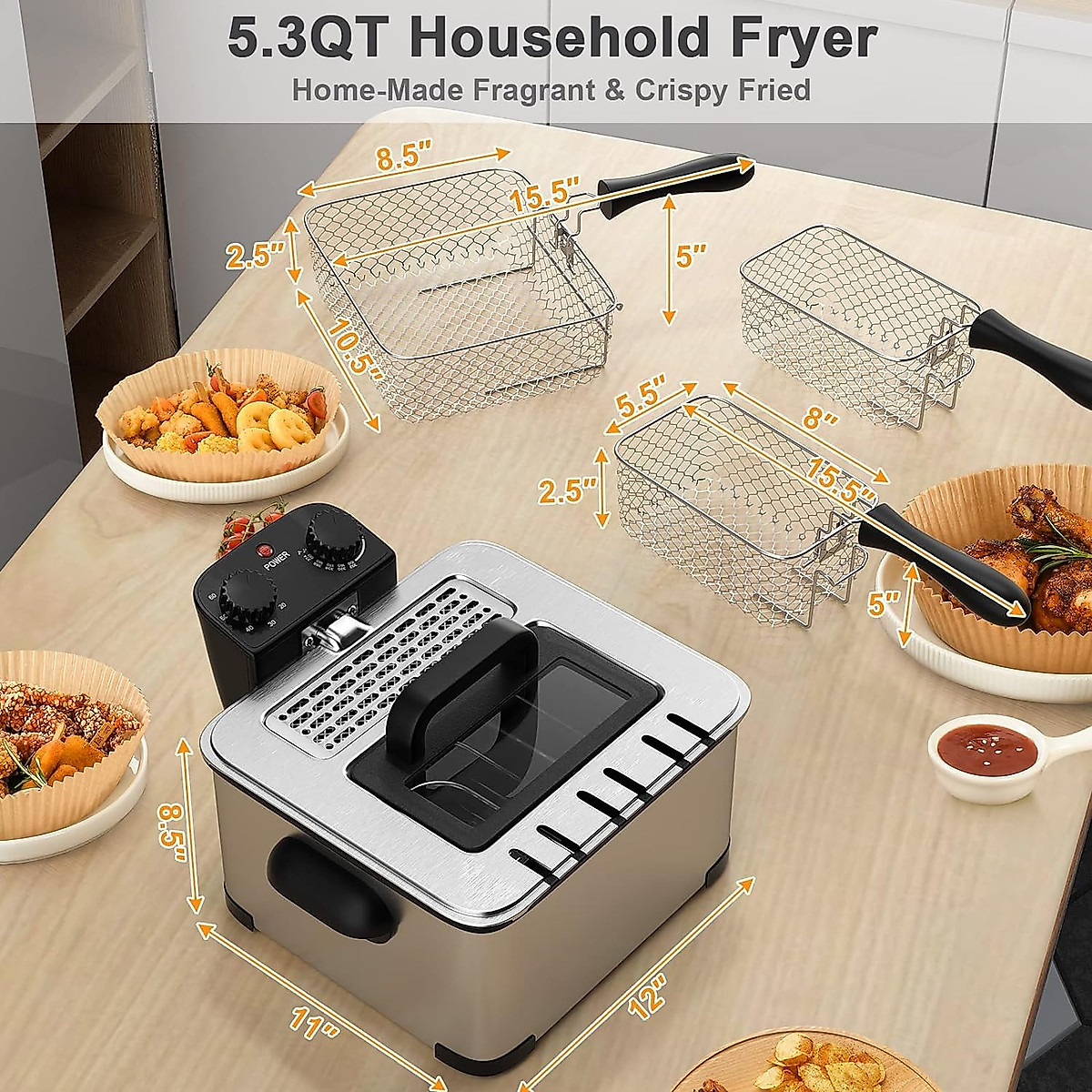 MEDIMALL Deep Fryer with Basket, 5.3QT/21Cup Electric Oil Fryer for Home Use, 1700w Stainless Commercial Countertop Fryers w/View Window/Timer Control/Temperature Knob, Small Fat Fryer for Chicken
