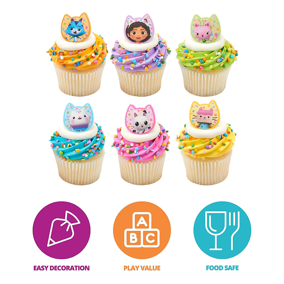 DecoPac DreamWorks Gabby's Dollhouse Rings, 24 Cupcake Decorations Featuring Gabby, Pandy Paws, Irresistible Kitty Characters, and Super Fun Adventures! - 24 Pack