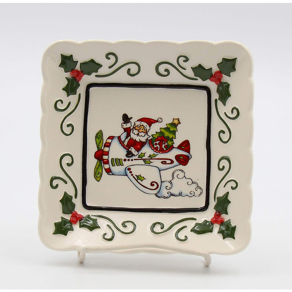Fine Ceramic Santa Flying Airplane Square Dessert Appetizer Plates Set of 3 (3 pieces Set), 5-1/2"