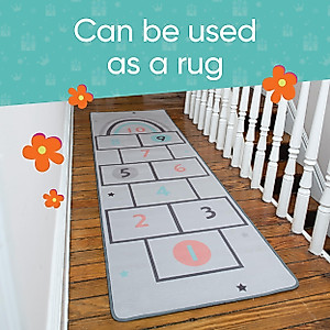 Hearthsong Retro Hopscotch and Marble 2-in-1 Rug, 80”L x 25”W Rug, Plush Drawstring Bag, 22 Ceramic Marbles, 2 Bean Bags, Ages 3 and Up