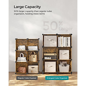 SONGMICS 6 Cube Storage Organizer, DIY Closet Shelf, Plastic Clothes Organizer, Modular Bookcase, 14.6 x 13 x 13 Inch Cubes, with Feet and Rubber Mallet, Rustic Brown ULPC206A01