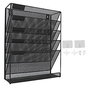 Wall File Organizer 5 Tier Black Heavy Duty Metal Mesh Hanging Mail Magazine Rack 40 x 32 x 11 cm Wall Mount Paper Holder for Newspaper Folders