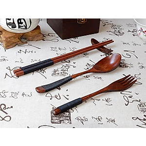 FORESTIME Japanese Wooden Chopsticks Spoon Fork Tableware 3pcs Set New Gift (1 Set, Brown)
