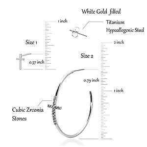JIBSA Tiny Cross Titanium Stud & 35mm Hoop Earring Set Dazzling CZ Stone Setting White & Gold Color Choice for Women Teens (White Gold)
