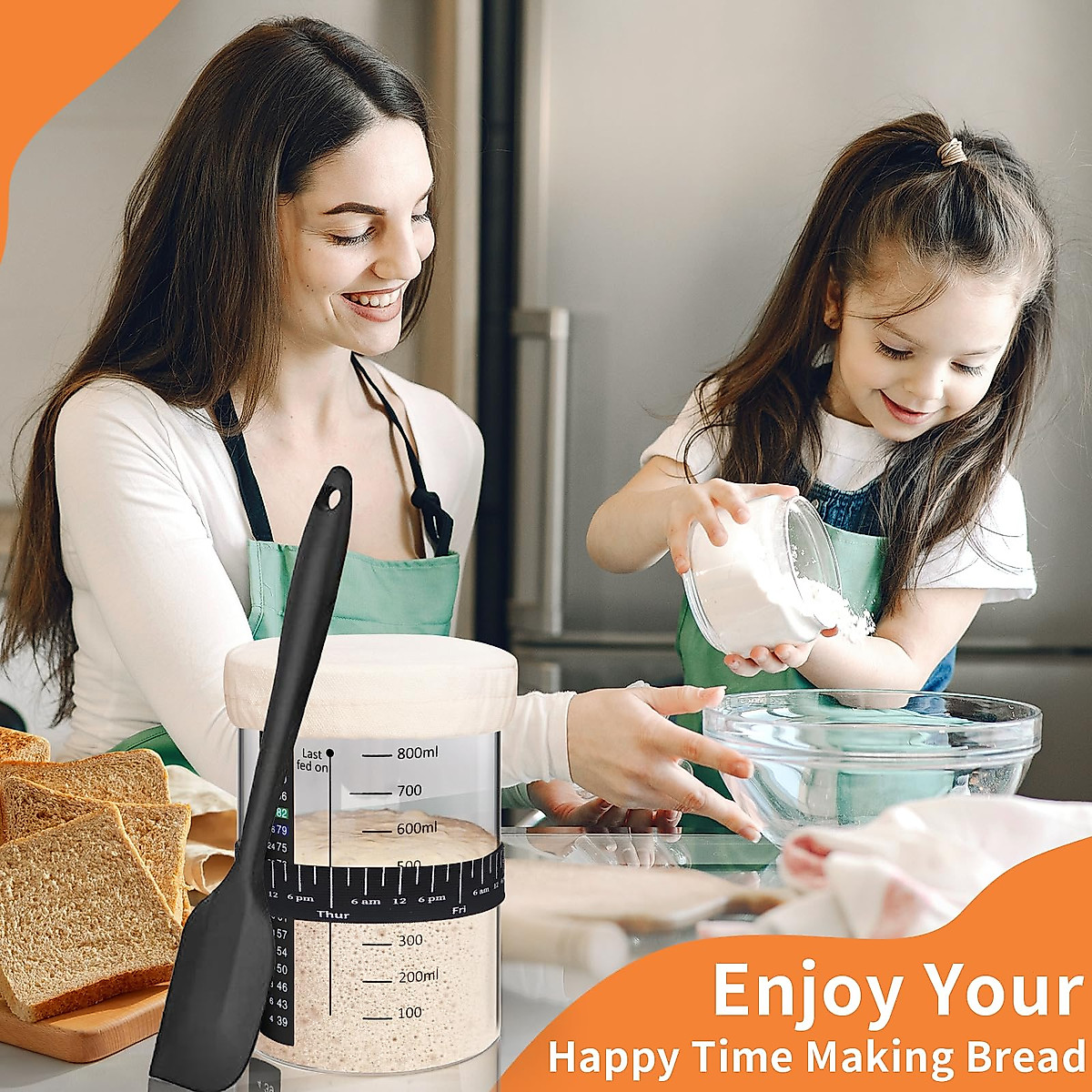 Kmise 2 Pack Pro Sourdough Starter Jar, 34 Oz Large Capacity DIY Glass Sourdough Starter Jar Kit With Thermometer, Date Marked Feeding Band, Cloth Cover, Spatula and Cutter - Reusable baking supplies