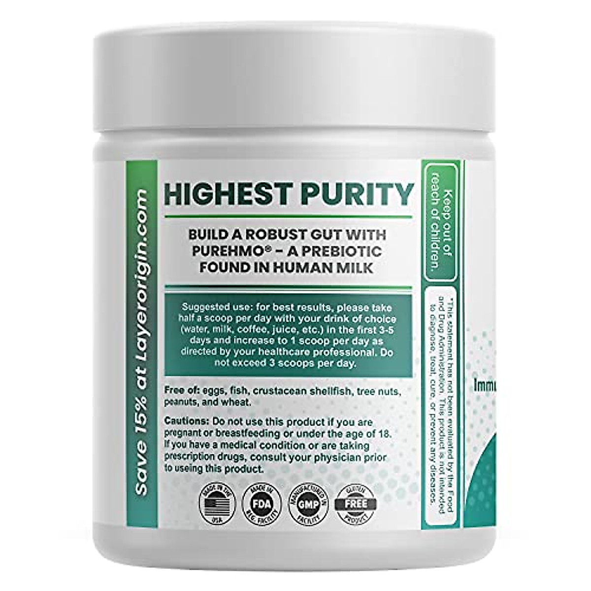 Layer Origin | PureHMO Human Milk Oligosaccharide (HMO 2'-FL) Prebiotic Powder - Feed 200 Billion Probiotics/Scoop, 45 Servings