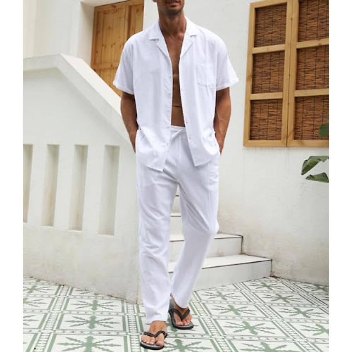 YAOGRO Men's Linen Sets Outfits: 3 Piece Beach Button Down Shirts Casual Loose Pants Short Sleeve Walking Suits