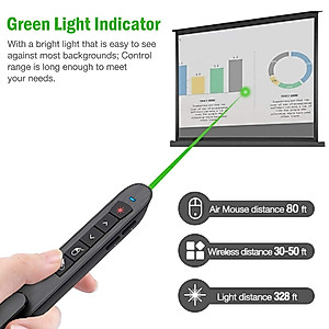 Air Mouse Green Light Presentation Remote Control USB Rechargeable Presentation Clicker Wireless Presenter RF 2.4 GHz Powerpoint Clicker Slide Advancer Changer Mac/Laptop/Computer