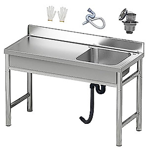 Commercial Restaurant Sink, Freestanding Stainless Steel Sink, Single Bowl Commercial Kitchen Sink w/Workbench, Stainless Steel Prep & Utility Sink for Restaurant, Kitchen, Outdoor