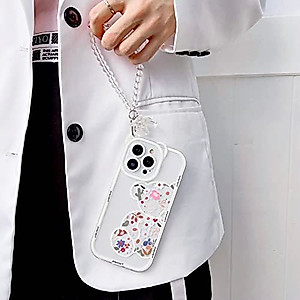 Shinymore for iPhone 13 Pro Max Case,Cute Flowers Bear Camera Protector Clear Case with Lovely Strap Bracelet Chain Girls Women Case for iPhone 13 Pro Max
