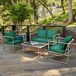 EAST OAK Patio Furniture Set, 4-Piece Outdoor Patio Set with Sofa, Removable & Washable Seating Cushion, Tempered Glass Table, Outside Patio Conversation Sets, Champagne Gold & Green