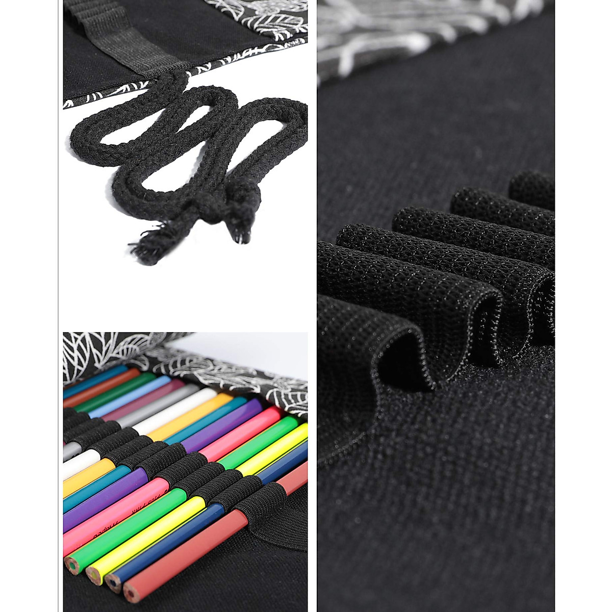 Denifiter 72 Slots Colored Pencils Roll Bag, Pen Paint Brush Storage Pouch Portable for,Women, Men (Black Leaf)