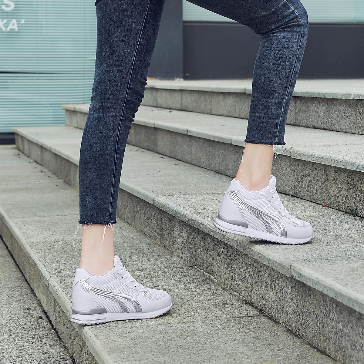 AONEGOLD Womens Hidden Wedges Shoes High Heeled Lightweight Mesh Sneakers Casual Walking Shoes Tennis Chic(Size 41, White)