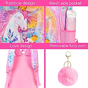 WZLVO 3PCS Unicorn Backpack for Girls, 16” Kids Sequin Bookbag, Elementary Preschool School Back Packs and Lunch Box