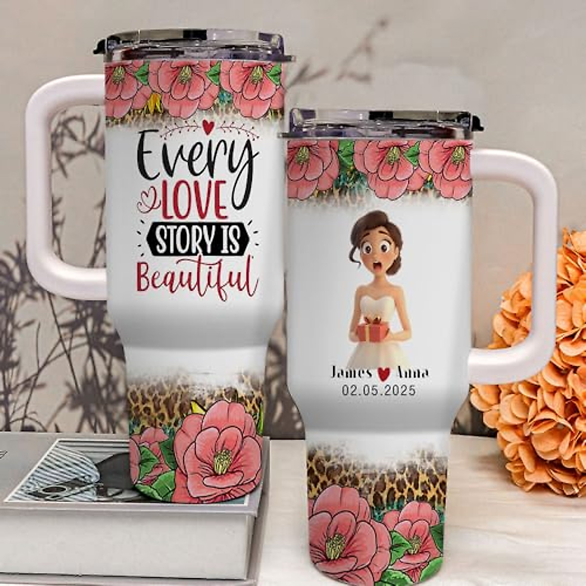 Personalized 40oz Tumbler with Handle – wedding kiss-Custom Couple Gift for Anniversary Wedding Gift, Birthday, Mother's Day, Valentine’s Day db2MG8