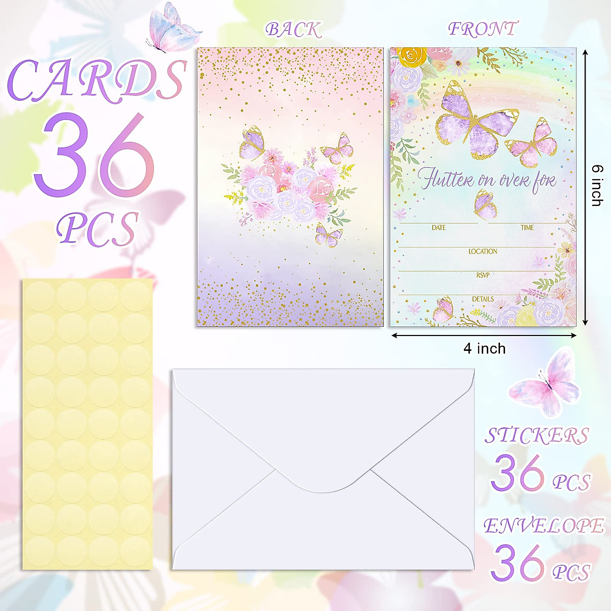 36 Pack Butterfly Baby Shower Invitations with Envelopes Flutter On Over For Butterfly Invitations Personalized Butterfly Birthday Invitations for Girls Baby Shower Birthday Party (Butterfly Style)