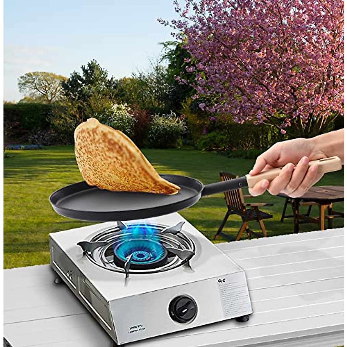 bodkar Frying Pan Skillet 8-inch Flat Crepe Pan, Lightweight Grill Pan with Wooden Handle for Camping Indoor Outdoor Cooking