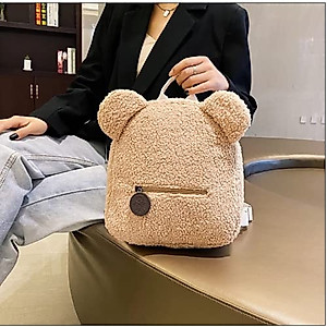 AONUOWE Mini Kawaii Bear Ear Backpack Teens Kids Faux Fur Schoolbag Teenager Student Aesthetic Furry Sherpa Fleece Daypack (Khaki)