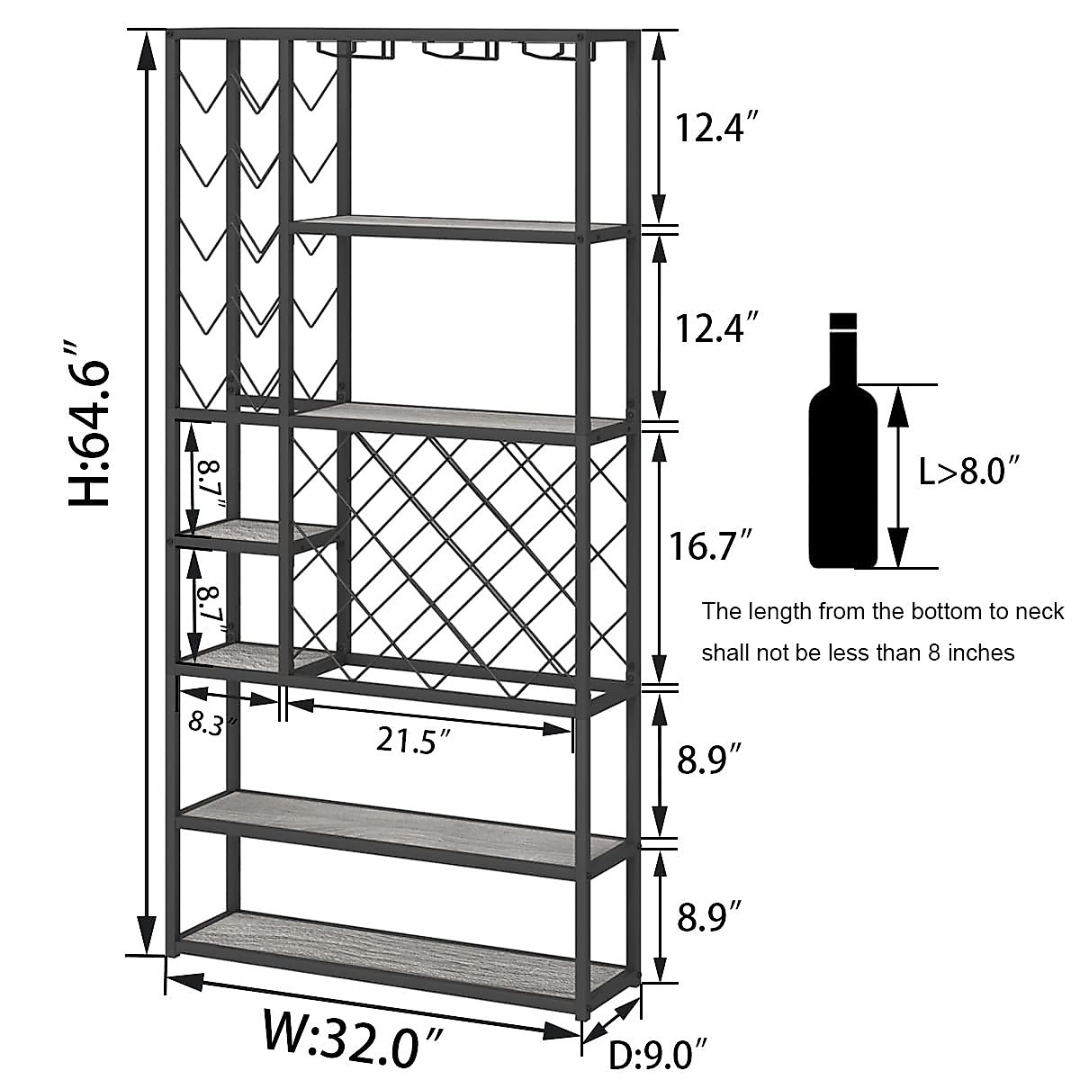 Launica Industrial Wine Rack Freestanding Floor, Farmhouse Tall Coffee Bar Cabinet with Storage, Wood Metal Stackable Bakers Rack, Modern Buffet Cabinet for Home Kitchen Dining Room, Light Grey Oak