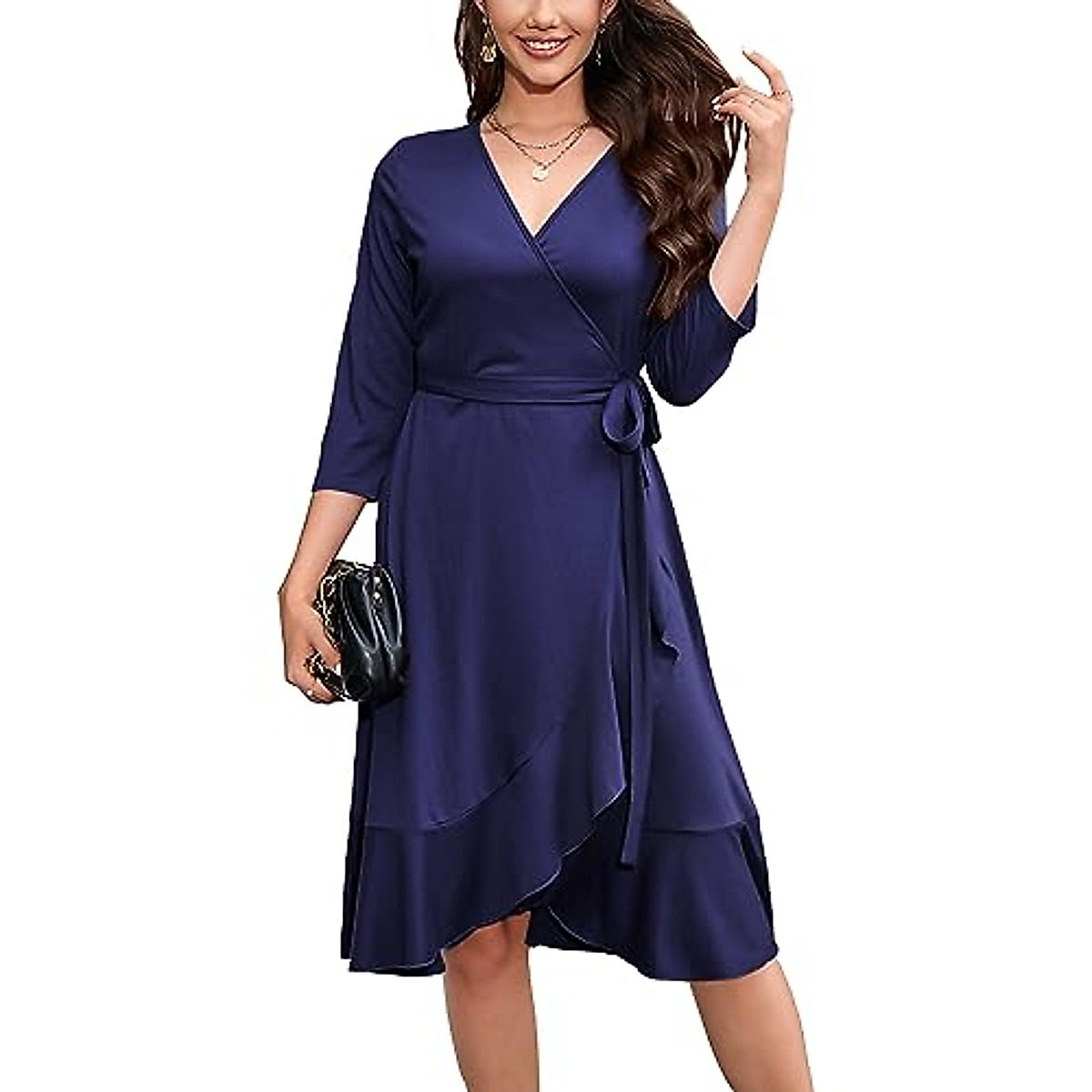 yasingoo Women's V-Neck Wrap Dress 2023 Fall Fashion 3/4 Sleeve Tie Waist Midi Flowy Ruffle Hem Mixi Boho Dresses Dark Blue,Medium