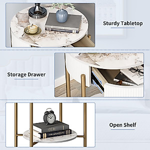 OIOG Modern End Table with Storage Drawer, Round 2-Tier Nightstand with Shelf, Gold Side Table with Metal Legs for Living Room, Bedroom, Office, Marbling Natural Stone/Gold