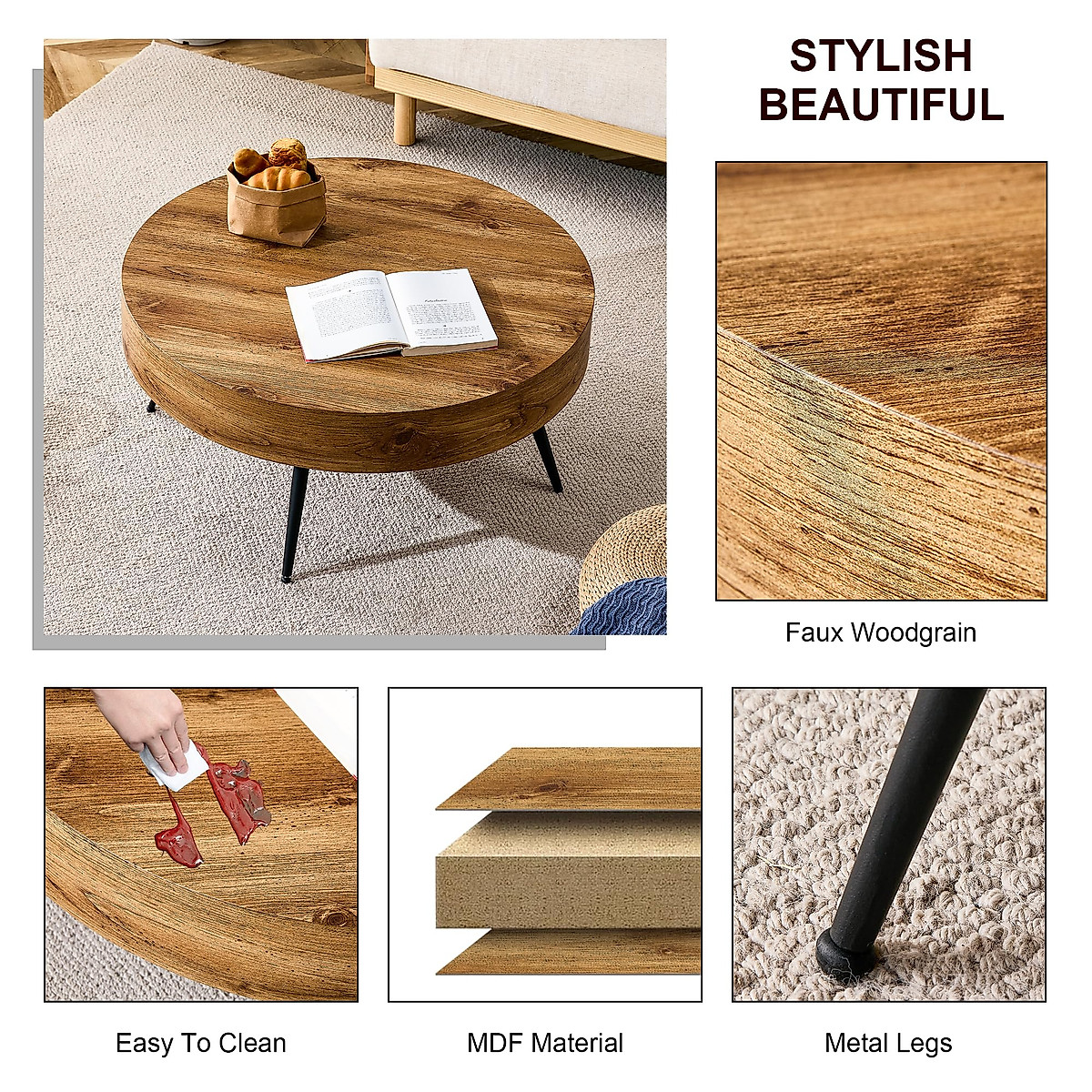 SSLine Round Coffee Table,Modern Center Table Sofa Side Tea Table Home Furniture with MDF Tabletop for Living Room Home and Office